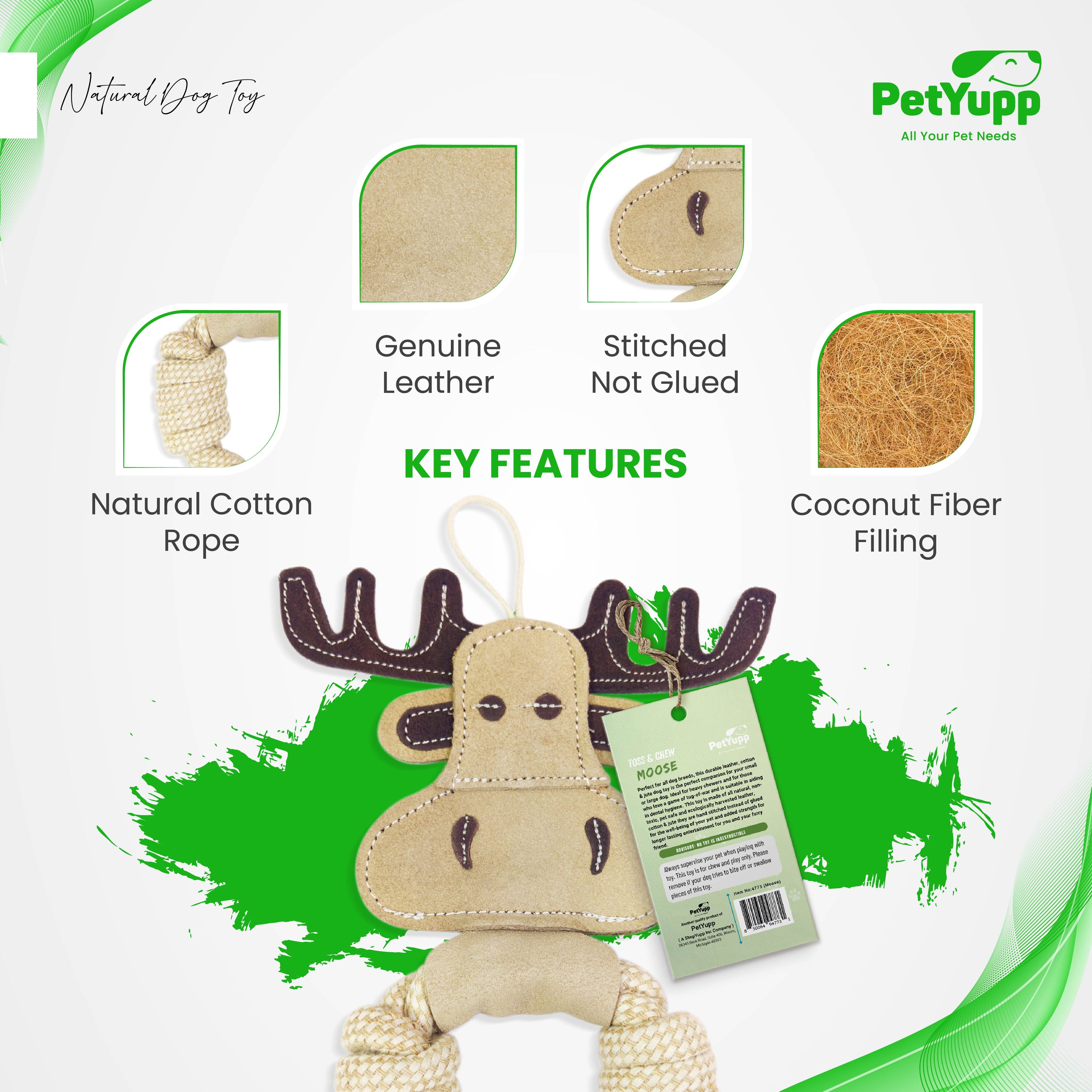 Cotton & Jute Toss-Tug Dog Toy with Genuine Leather - Moose